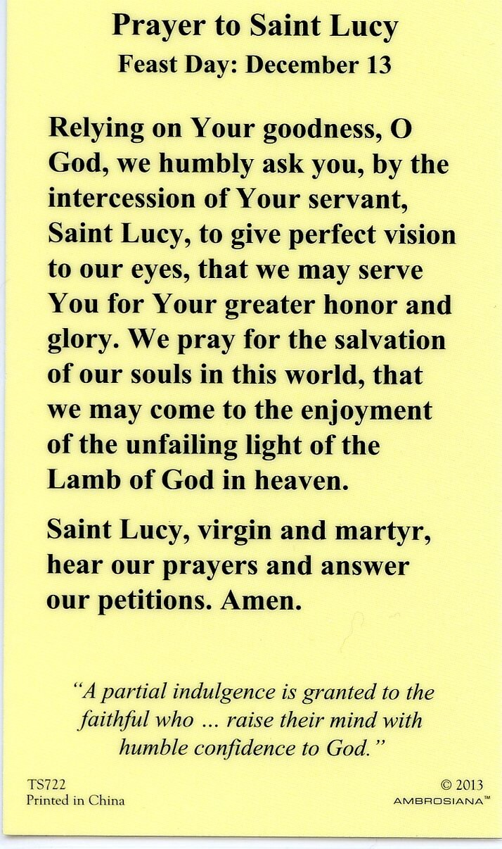 ST. LUCY PRAYER Relic Holy card Blessed by Pope Francis | Etsy