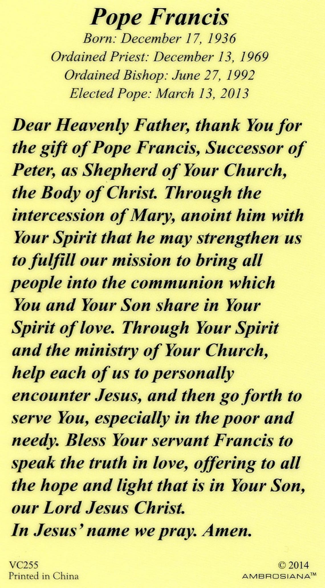 POPE FRANCIS 3 Holy card Prayer card Pack of 25 | Etsy