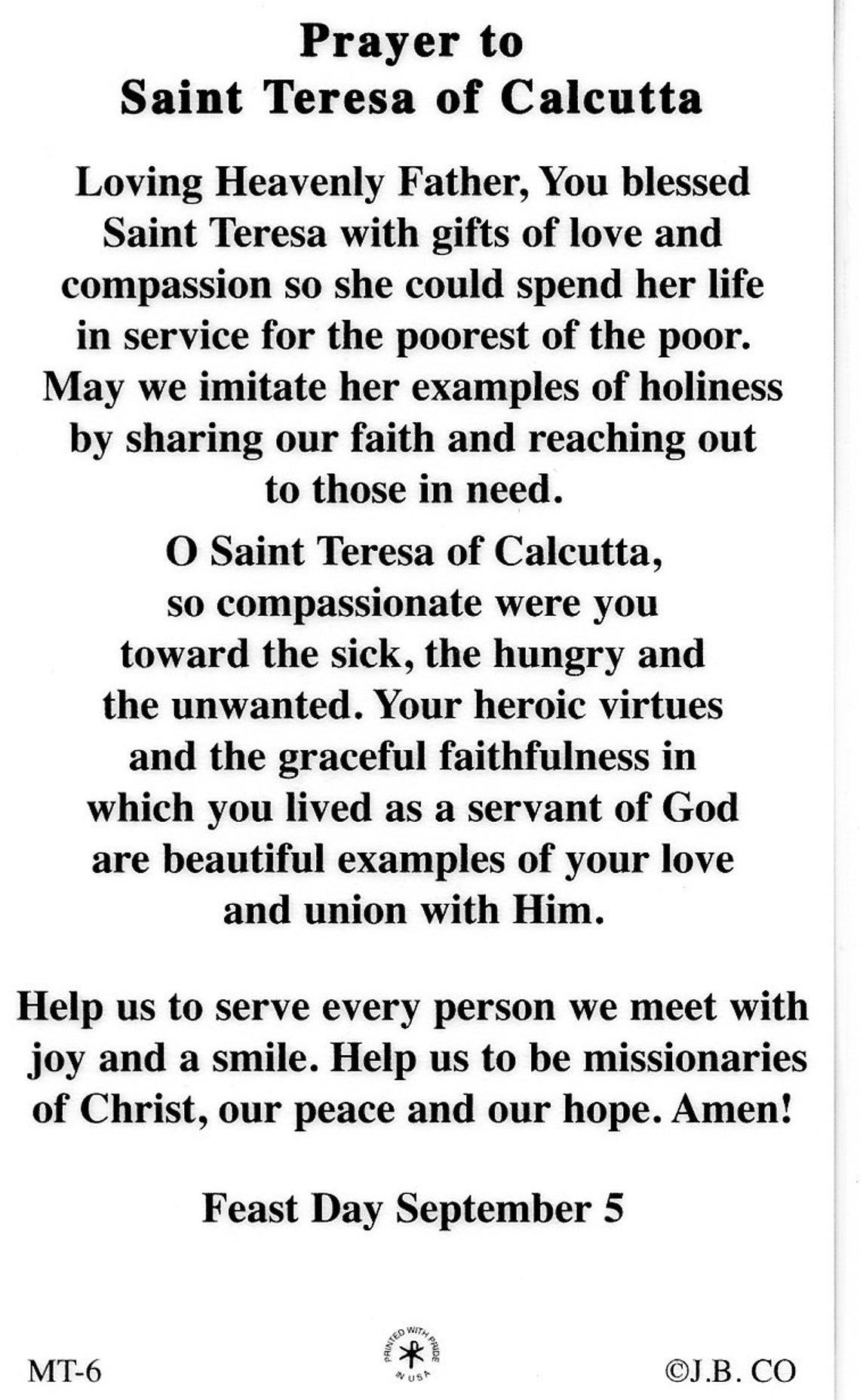 St Teresa Of Calcutta Prayer Cards at Samuel Shah blog