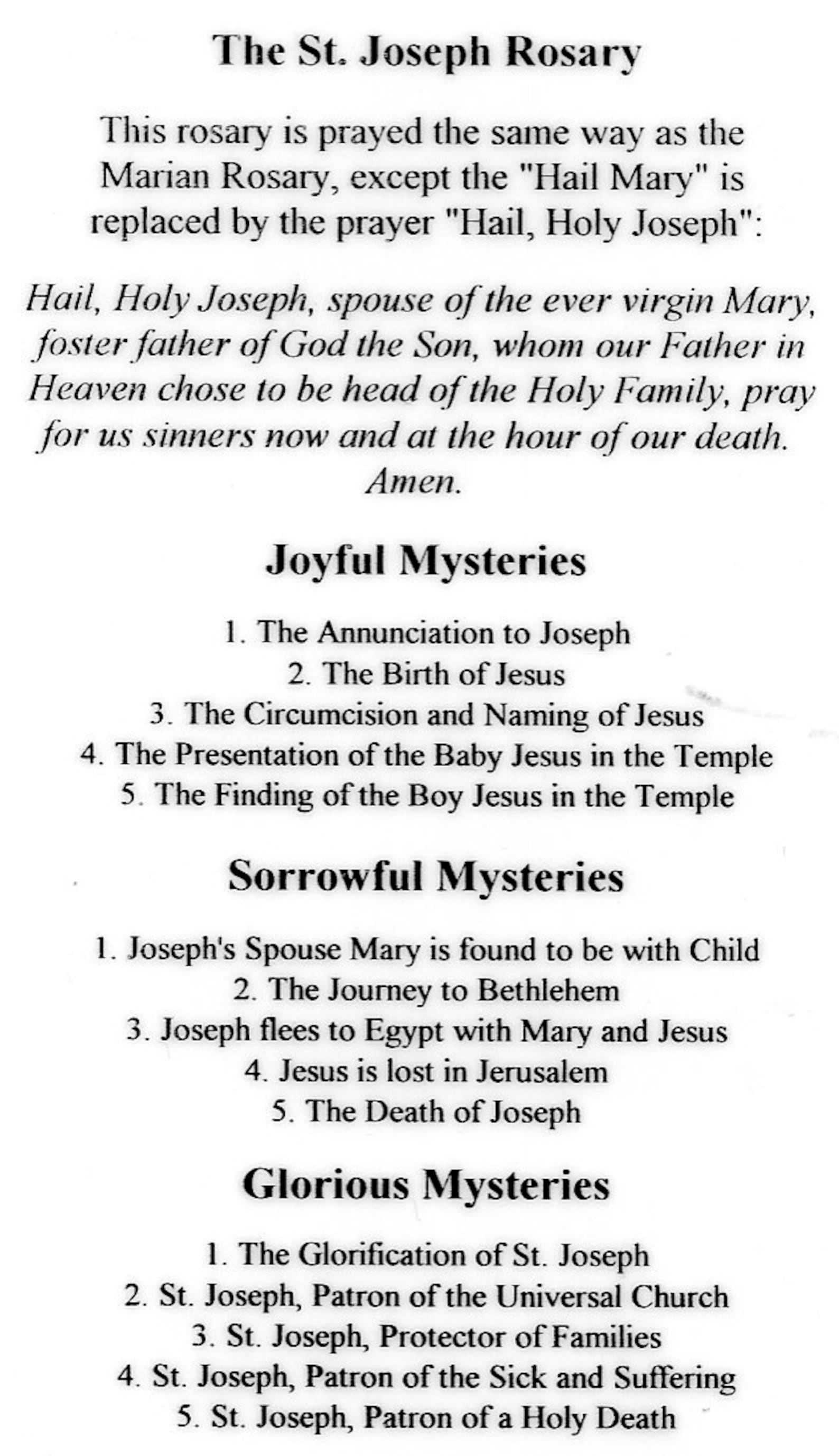 The St. Joseph Rosary N - Holy Card - Prayer Card -pack of 25 - Etsy