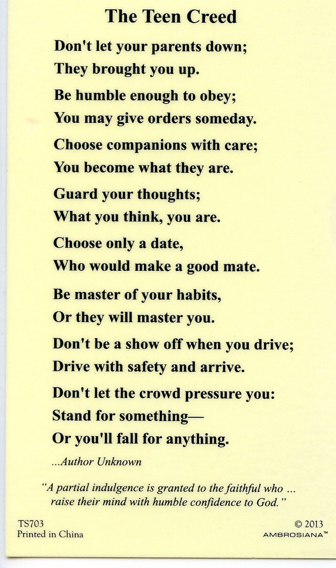 THE TEEN CREED - Holy Card - Prayer Card -pack of 25 - Etsy