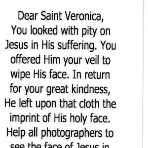 Prayer to Saint Veronica for Photographers U - Holy Card - Prayer Card ...