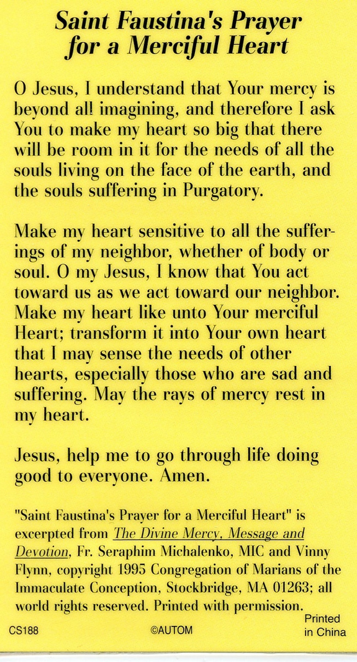 St. Faustina's Prayer for A Merciful Heart Holy Card | Etsy