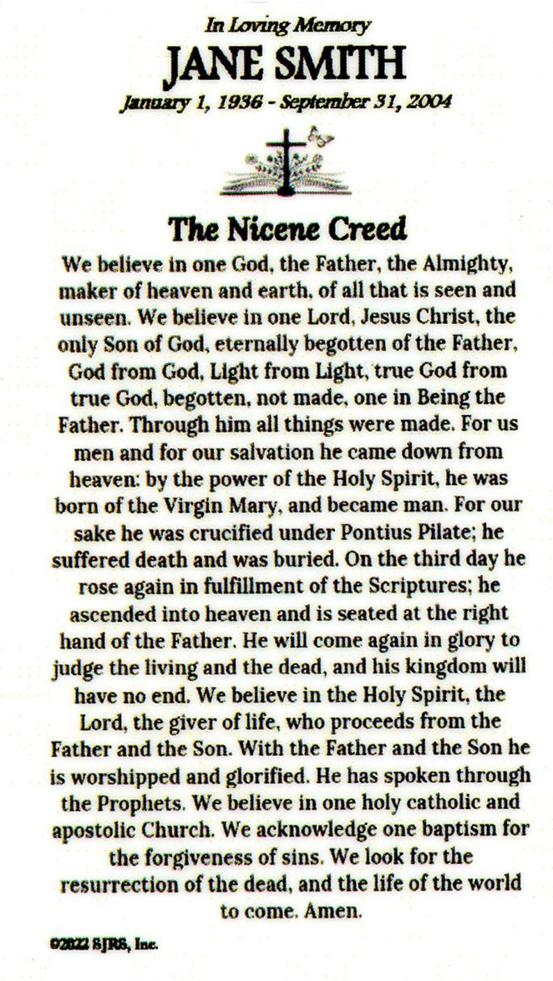 The Nicene Creed Funeral Memorial Laminated Prayer Cards - Pack of 60 ...