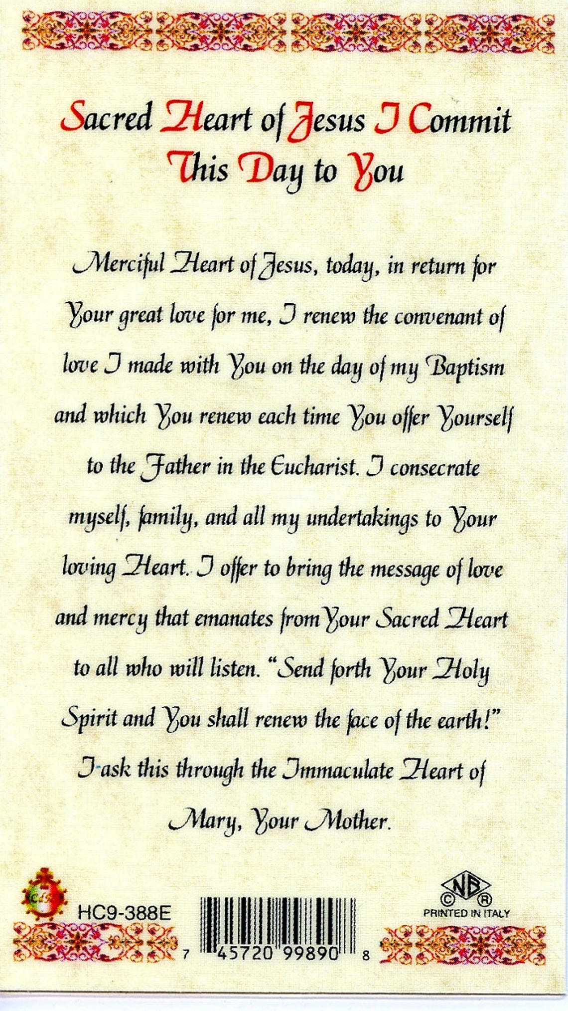 Sacred Heart of Jesus, I Commit This Day to You - Holy Card - Prayer ...