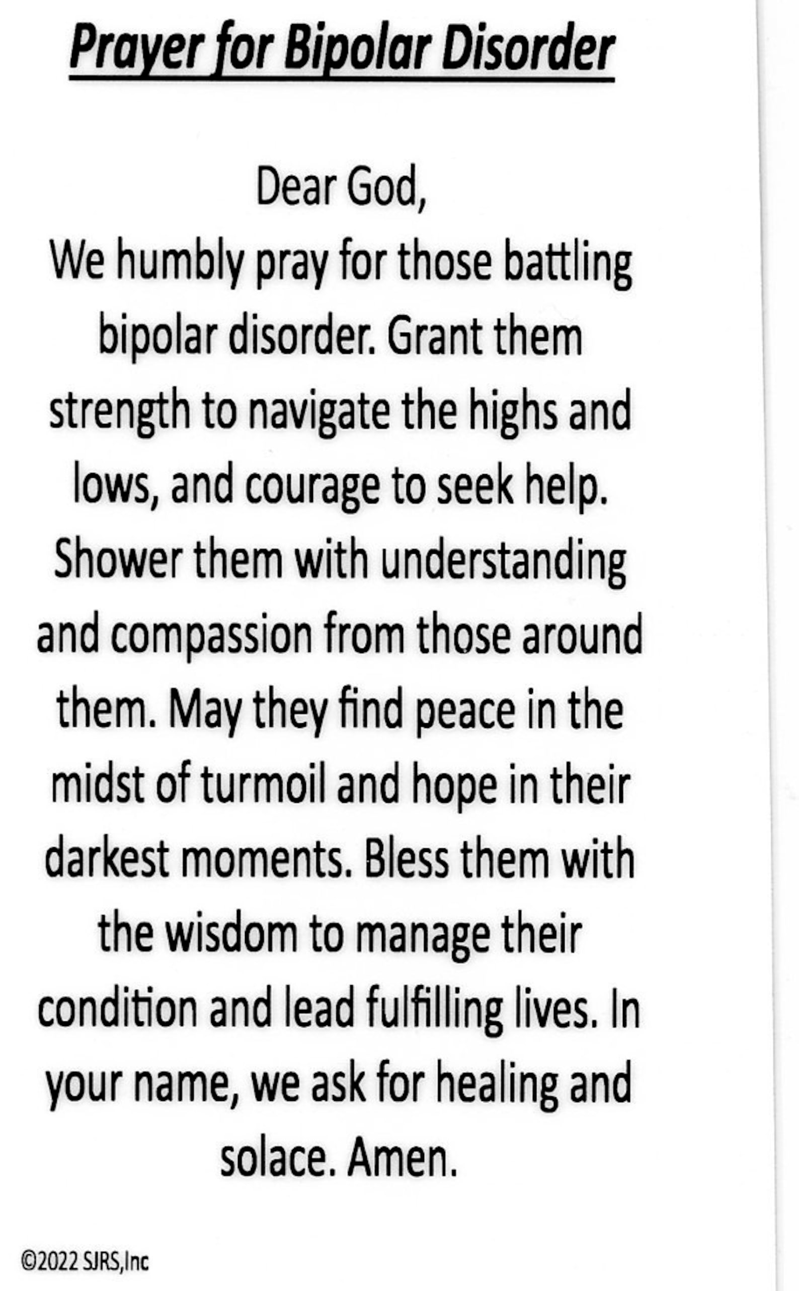 Prayer for Bipolar Disorder U - Holy Card - Prayer Card -pack of 25 - Etsy