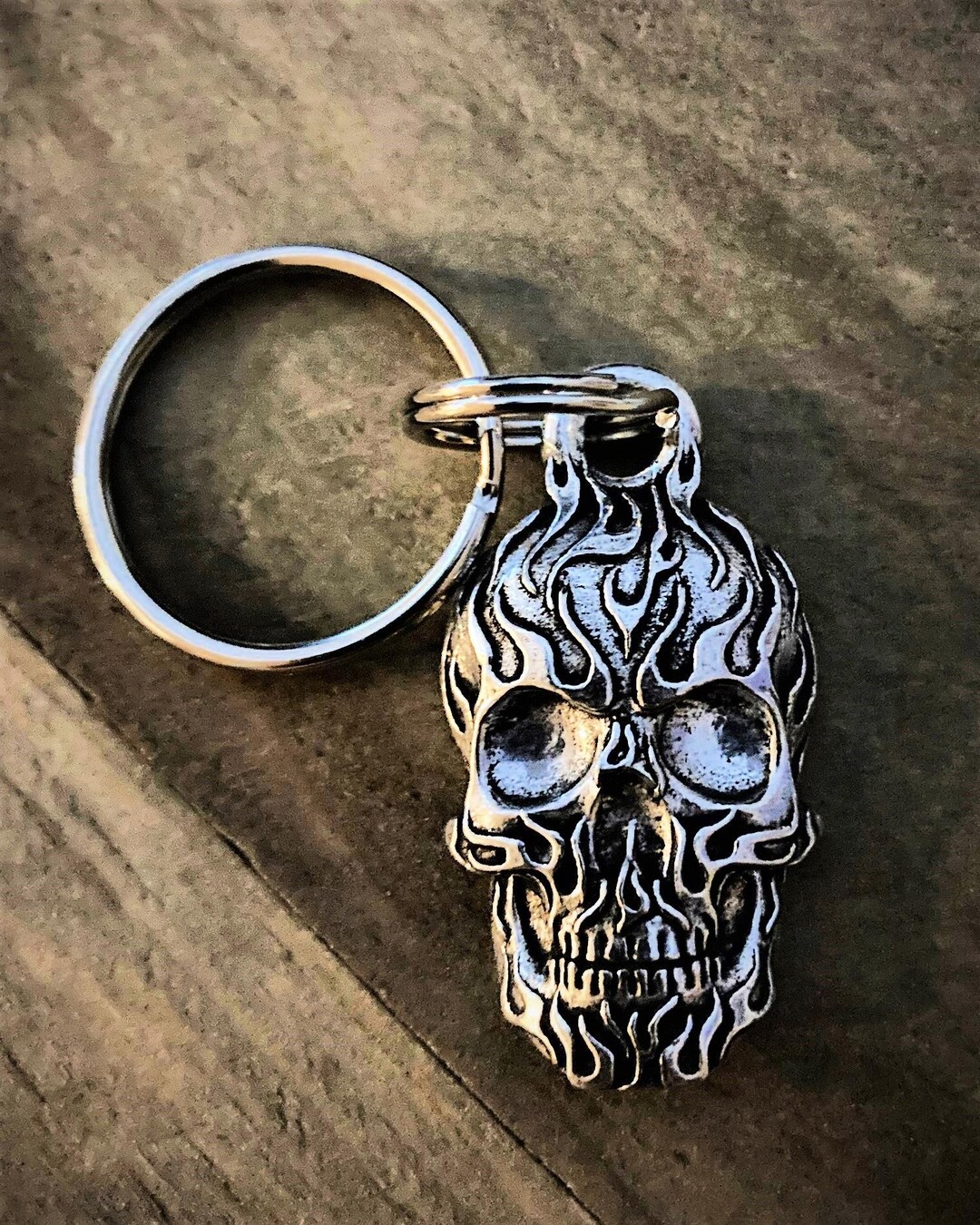 Flame Skull Pewter Keychain Charm - Etsy
