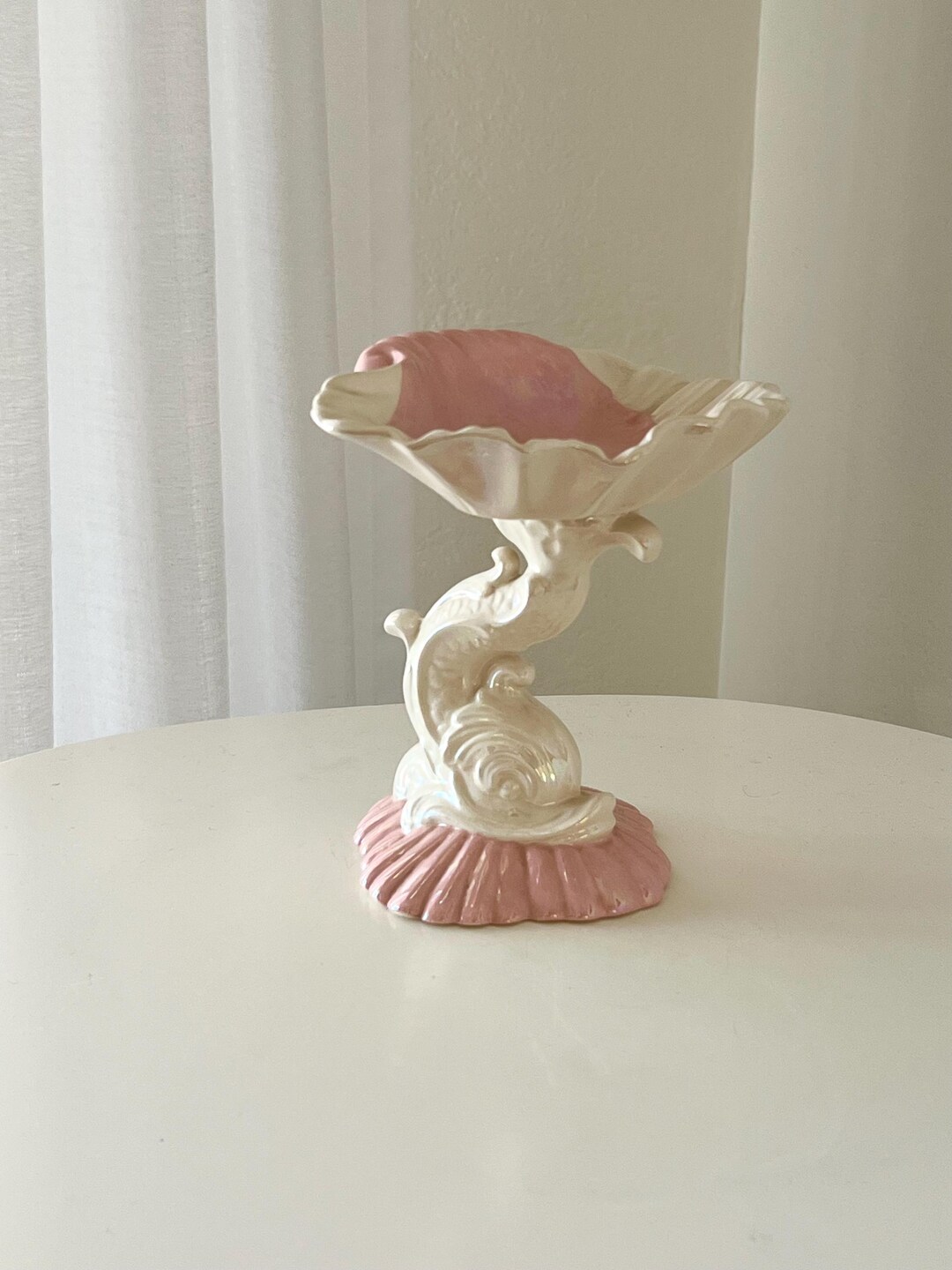 Vintage Rococo Italian Style Ceramic Iridescent Dolphin Pedestal Shell ...
