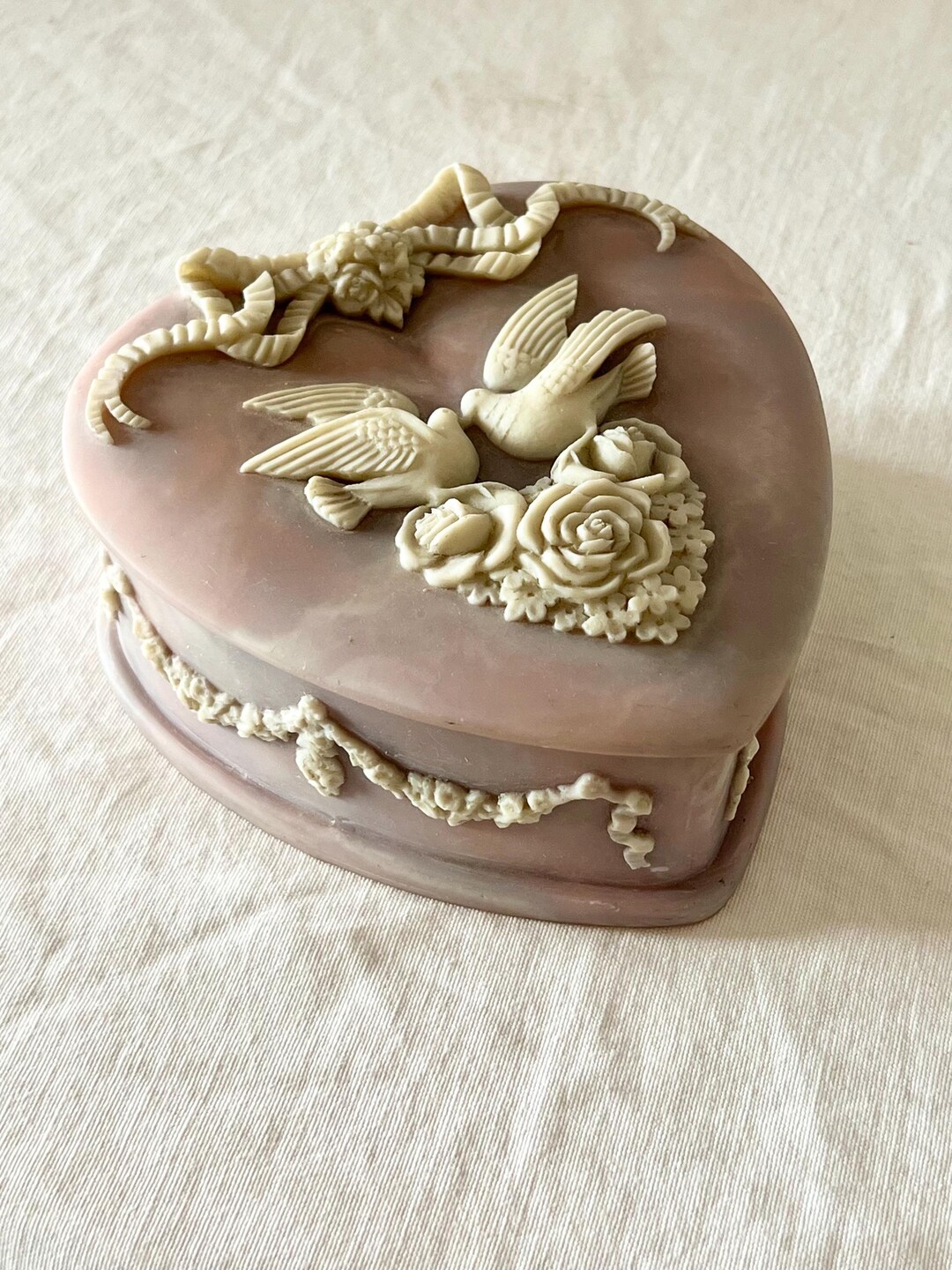 Vintage Genuine Large Incolay Stone Heart Shaped Hinged Box With Doves ...