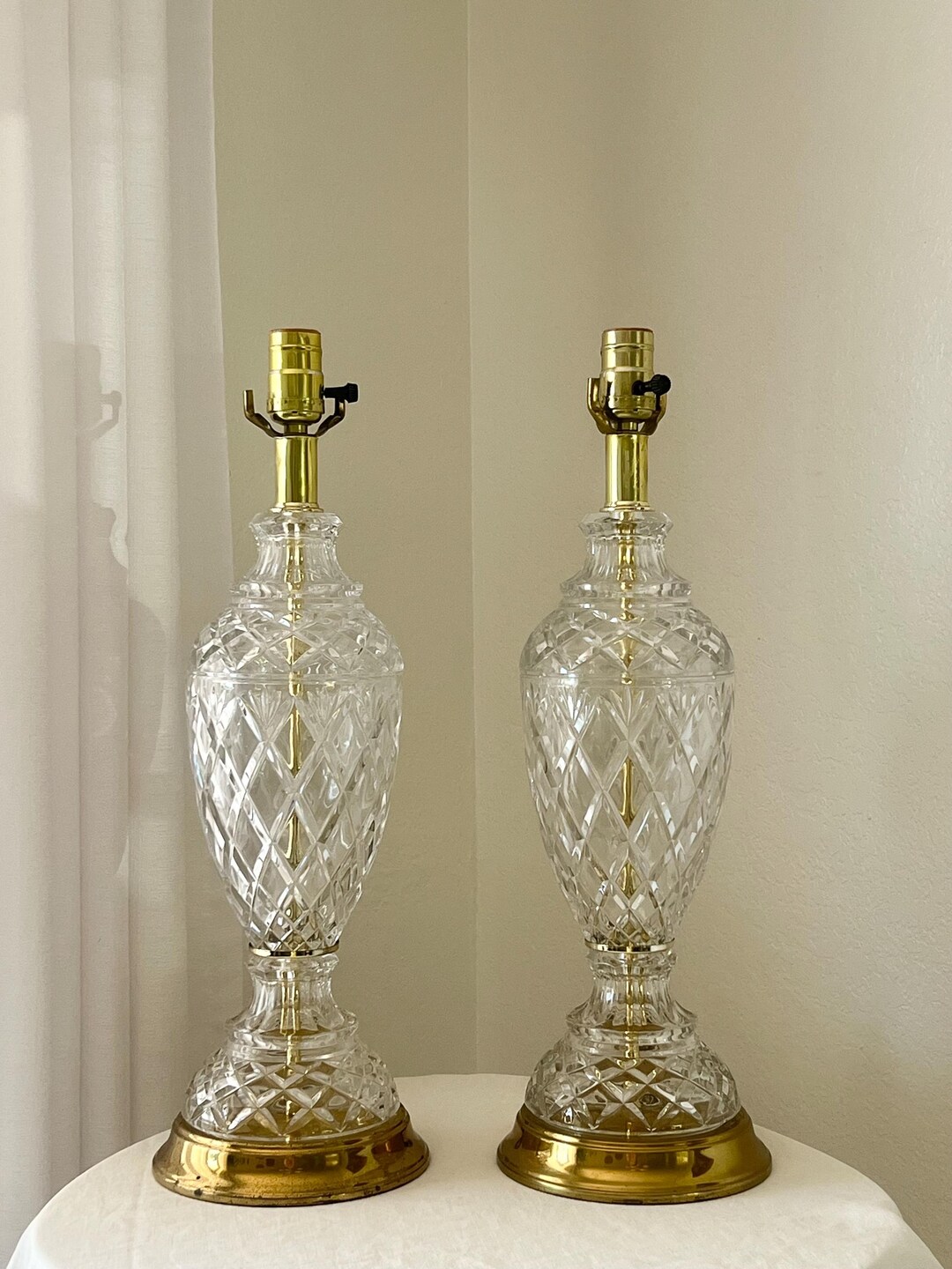 Set of Two Vintage Leviton Cut Glass Table Lamps With Brass Details ...