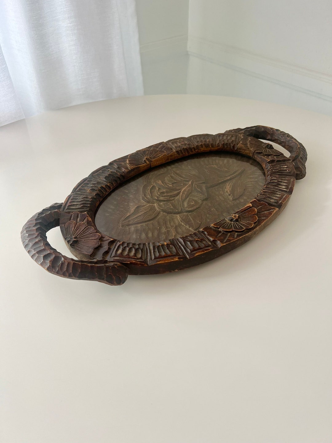 Vintage Hand Carved Wood Tray With Handles | Carved Wooden Tray - Etsy