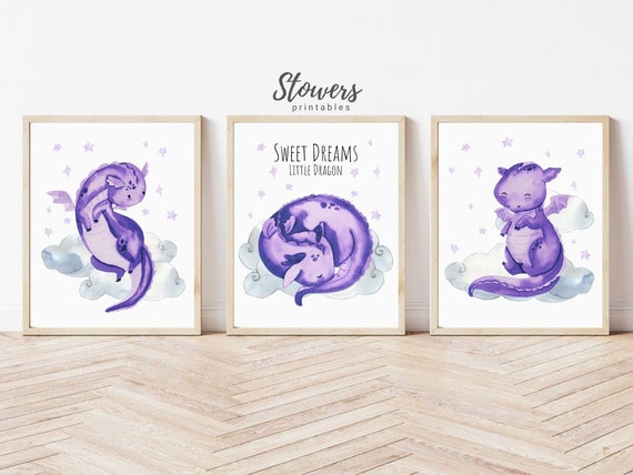 Dragon Watercolor Print Set of 3 Dragon Prints Purple Wall - Etsy