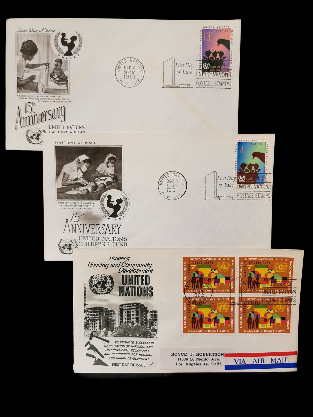 Lot of 3 Vintage 1960's United Nations First Day Cover Postal Envelopes ...