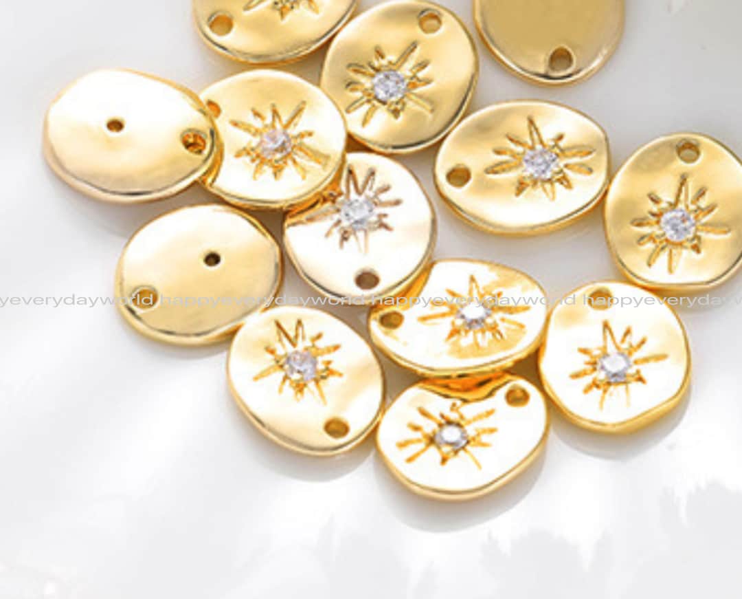 Gold Disc Charm Coin Pendant With CZ Stone 14k Gold Plated Charm ...