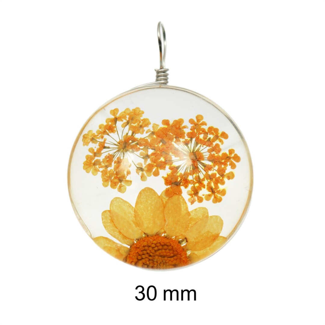 Yellow Real Flower Pendant 30mm Pressed Flower Glass Charms Beads Dried ...