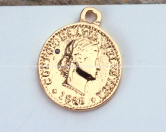 Gold Coin Pendant Disc Charm Coin Pendant With CZ Stone 14k | Etsy