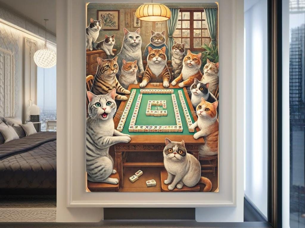Cats Playing Mahjong Poster Funny Animal Art, Whimsical Wall Decor, Cat ...