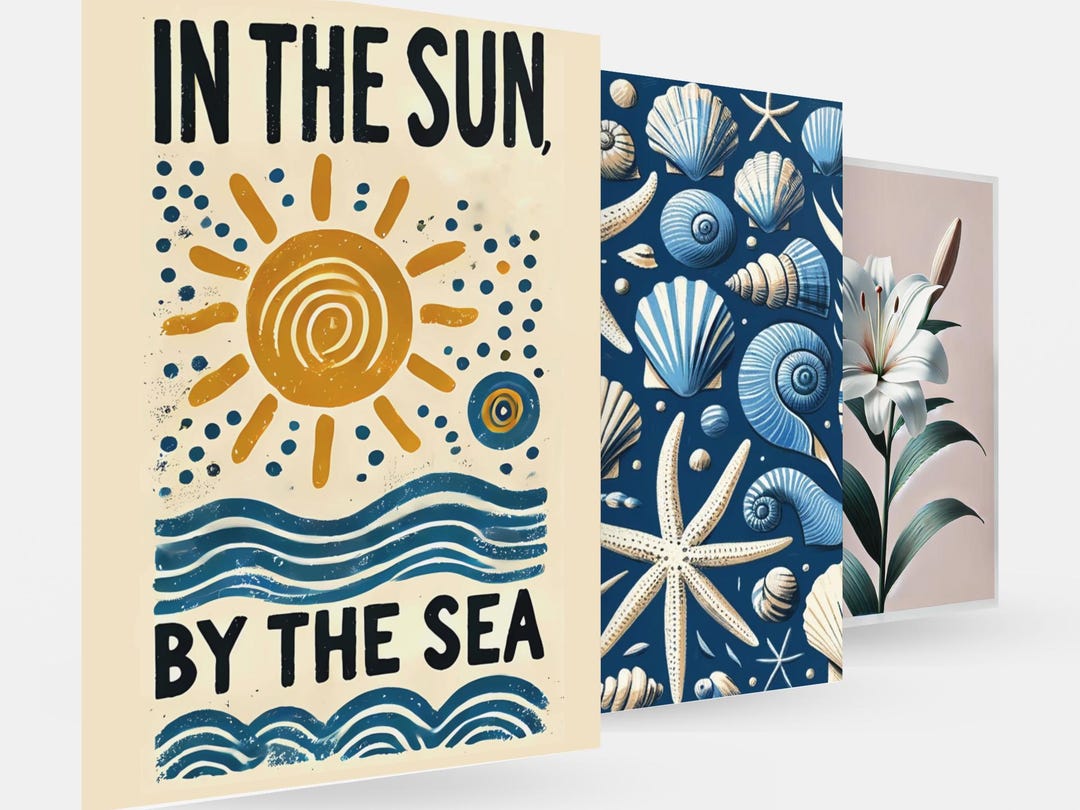 3x Summer Posters Summer Scenes in the Sun, Seashells, Lilies Bright ...