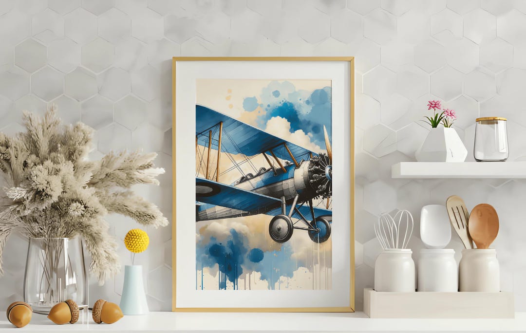 Watercolor Biplane Poster for Kids Room Decor, Vintage Aviation Art ...