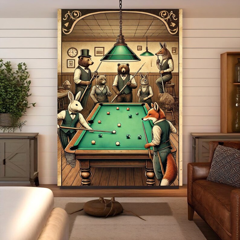 Animals Playing Pool in a Classic Bar Poster - Woodland Creatures ...