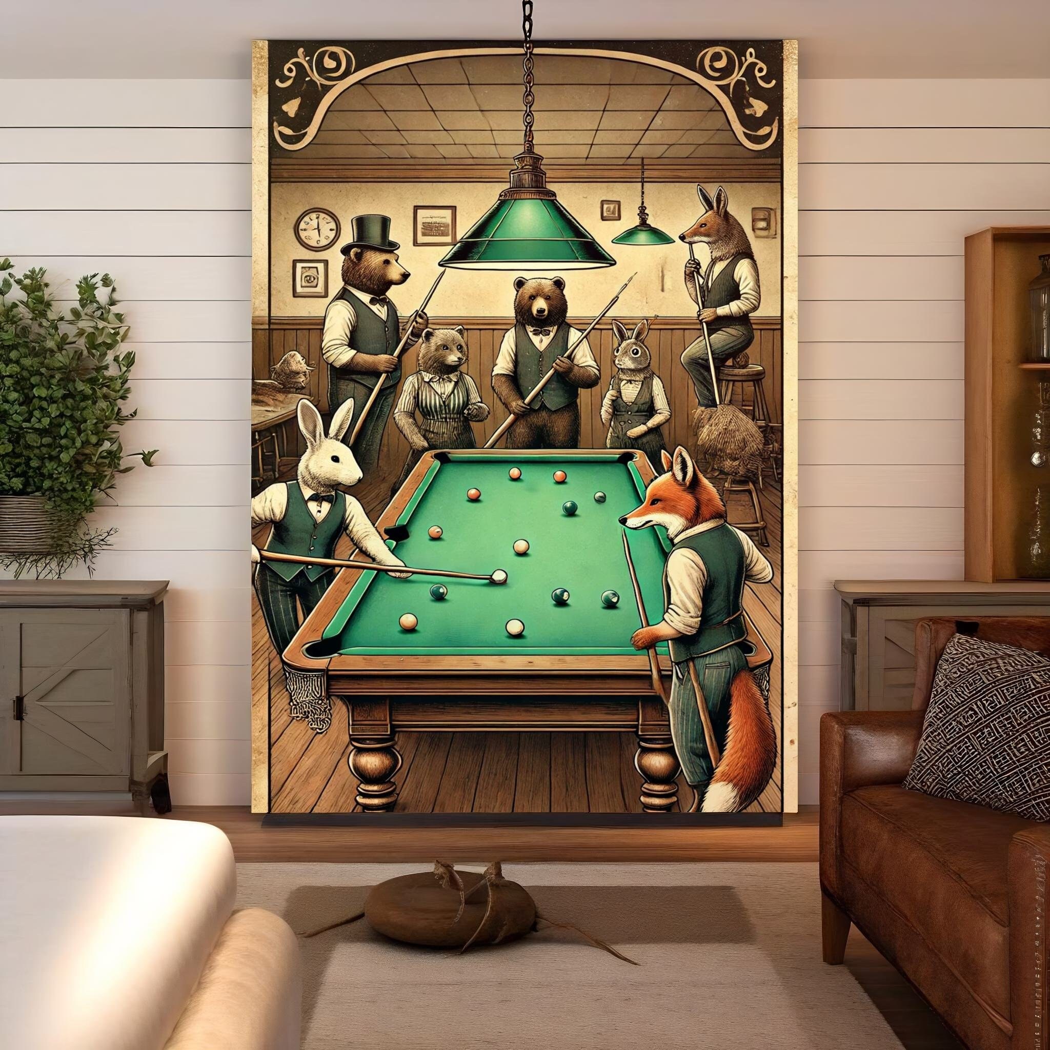 Animals Playing Pool in a Classic Bar Poster - Woodland Creatures ...