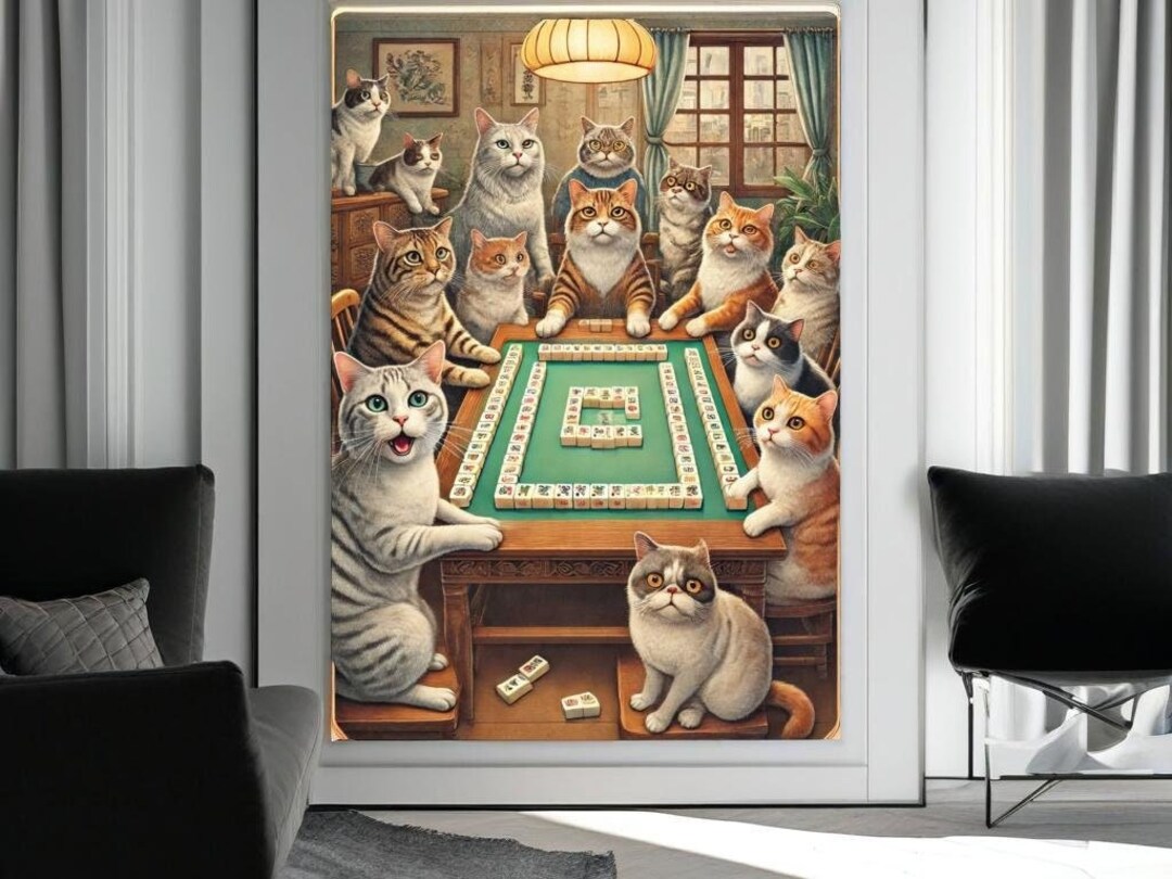 Cats Playing Mahjong Poster → Funny Animal Art, Whimsical Wall Decor ...