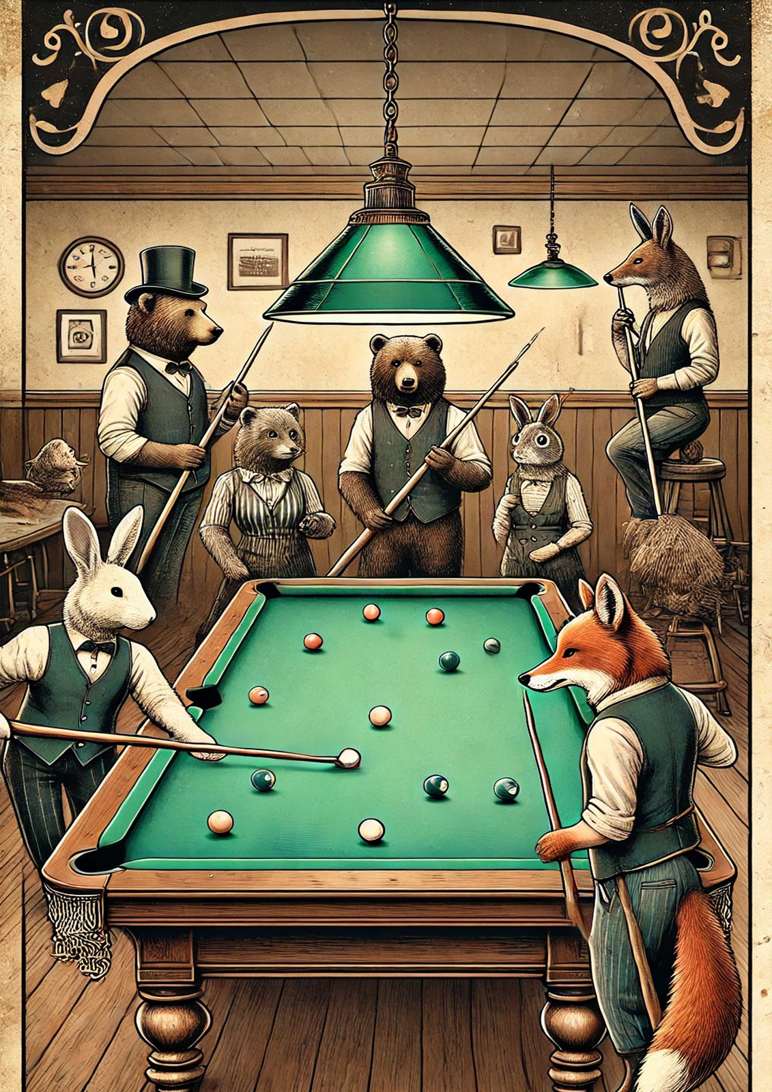 Animals Playing Pool in a Classic Bar Poster - Woodland Creatures ...
