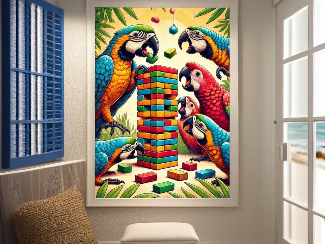 Parrots Playing Jenga Poster → Funny Bird Art, Whimsical Wall Decor ...