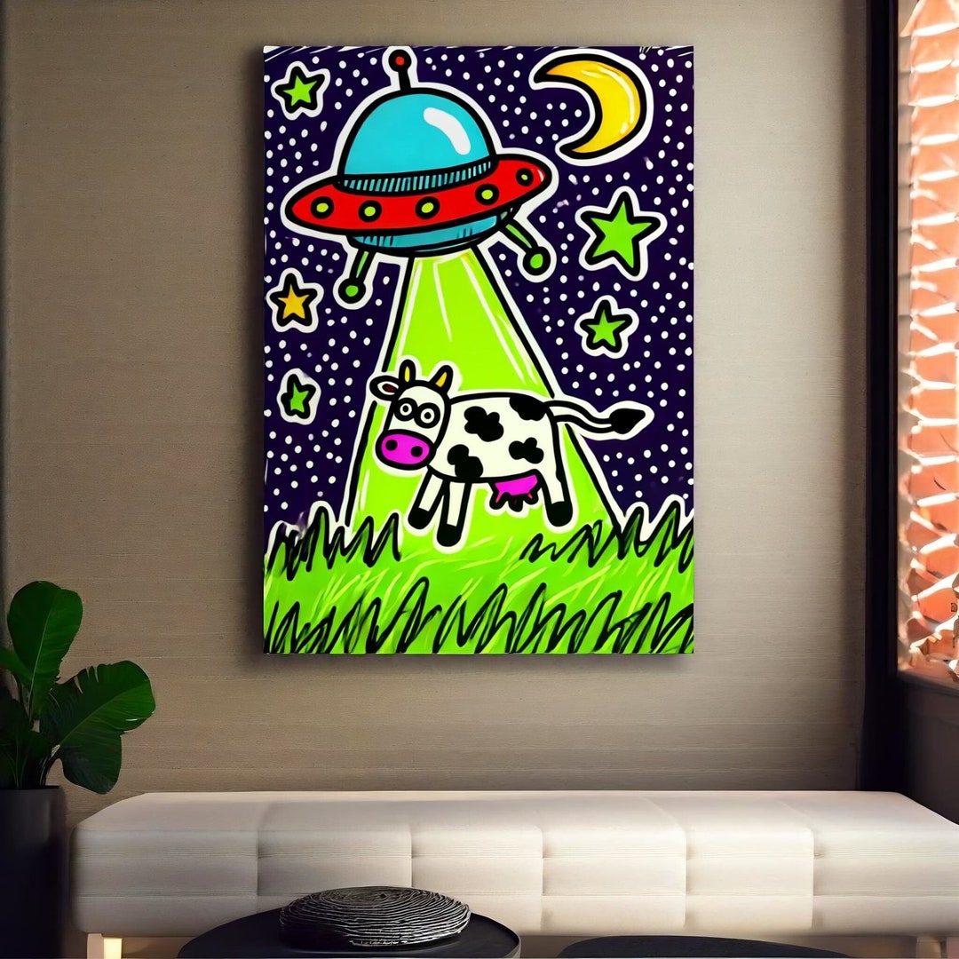 UFO Abduction Childlike Drawing Poster → Funny Alien Art, Whimsical ...