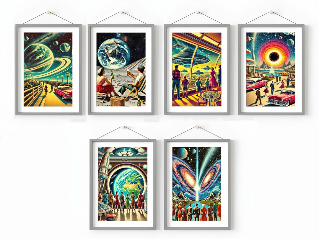 50s Atomic Age Poster Bundle Retro Futurism Vintage Sci-fi Wall Art Set ...