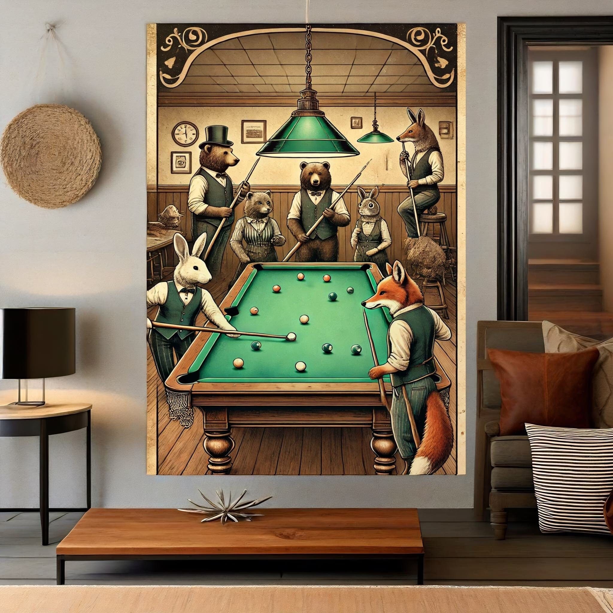 Animals Playing Pool in a Classic Bar Poster - Woodland Creatures ...