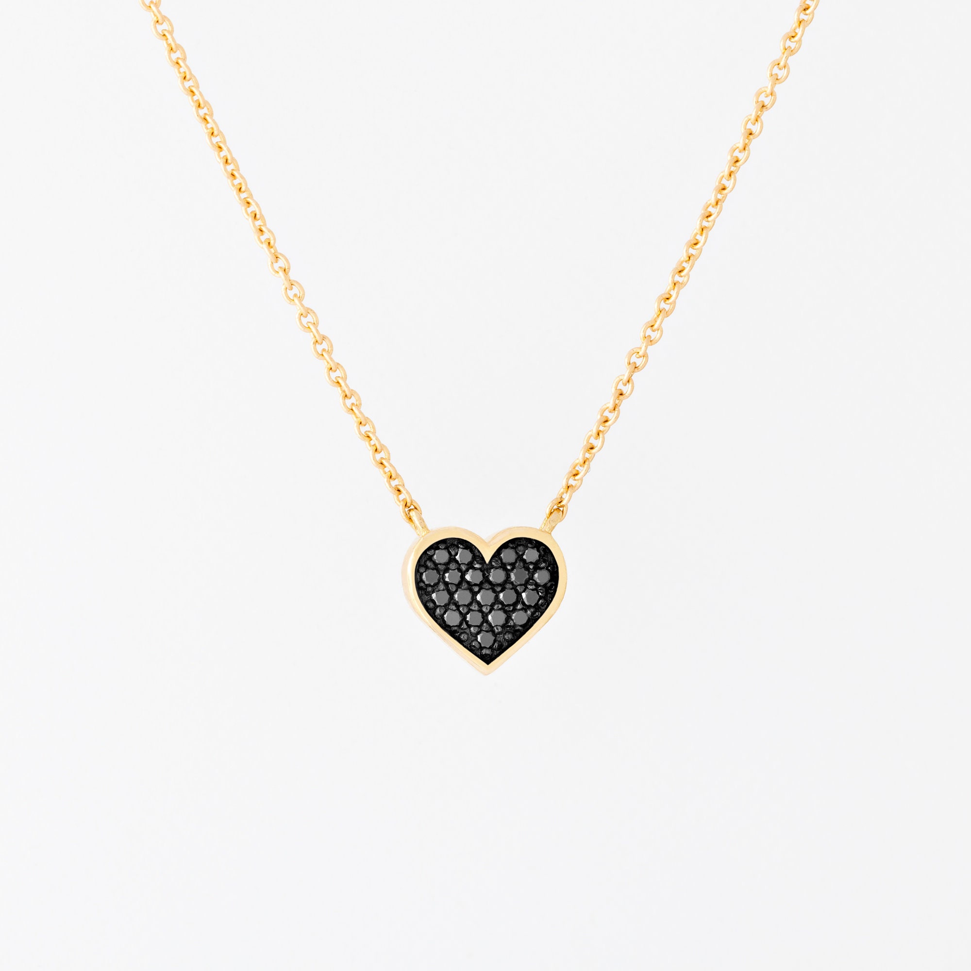 Black Diamond Heart Necklace 14K Solid Gold Diamond Micro - Etsy