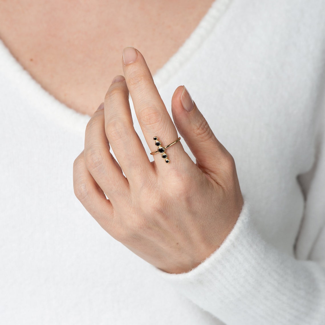 Celestial Diamond Pod Ring 14K Solid Gold Black Diamond - Etsy Israel