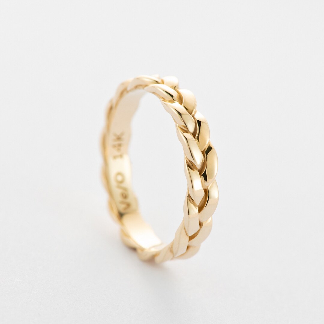 Solid 14K Yellow Gold Braid Stacking Ring, Unique Handmade Unisex Braided Gold Wedding Eternity ...