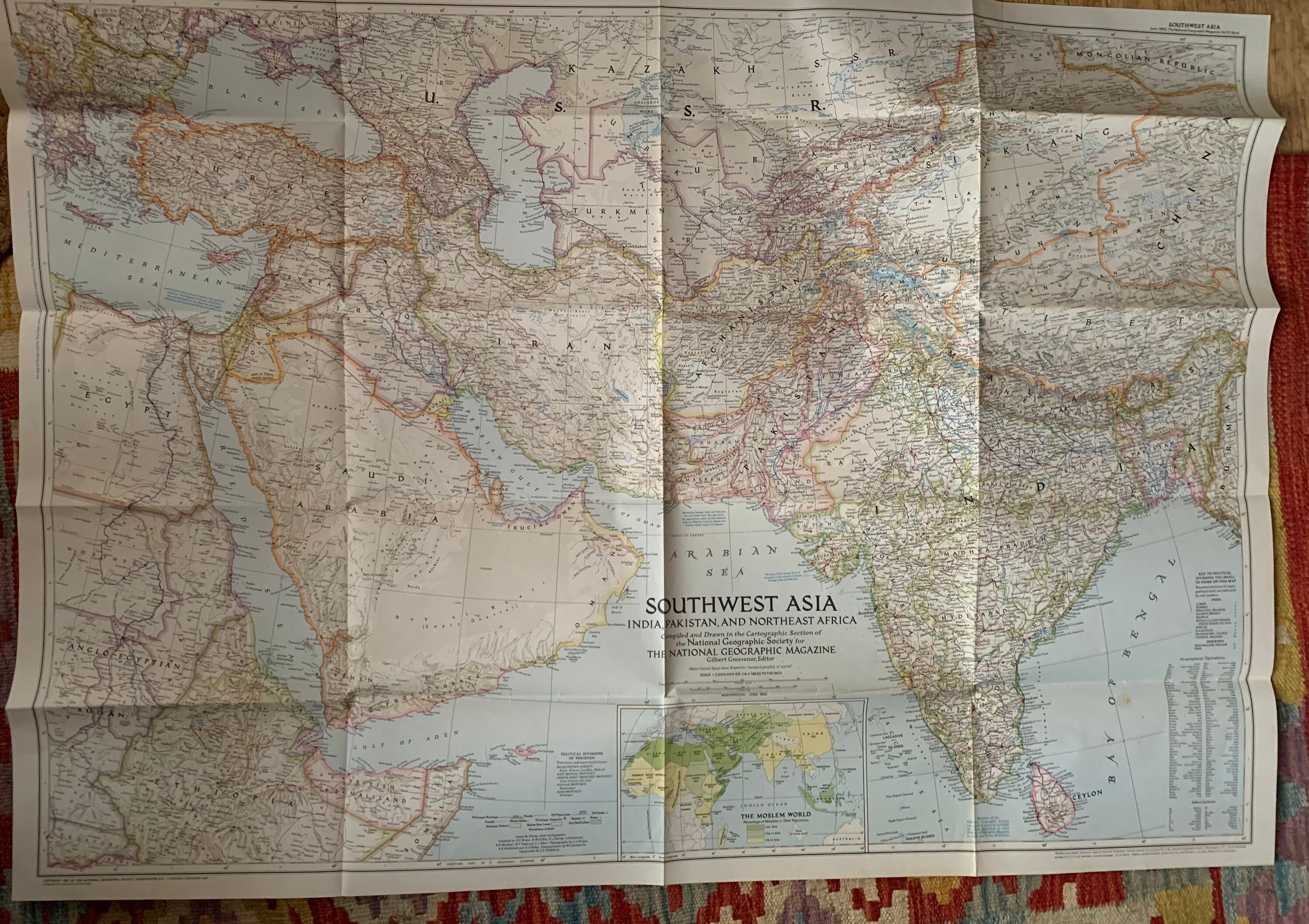Vintage Map of Southwest Asia India Pakistan Northeast Africa- National ...