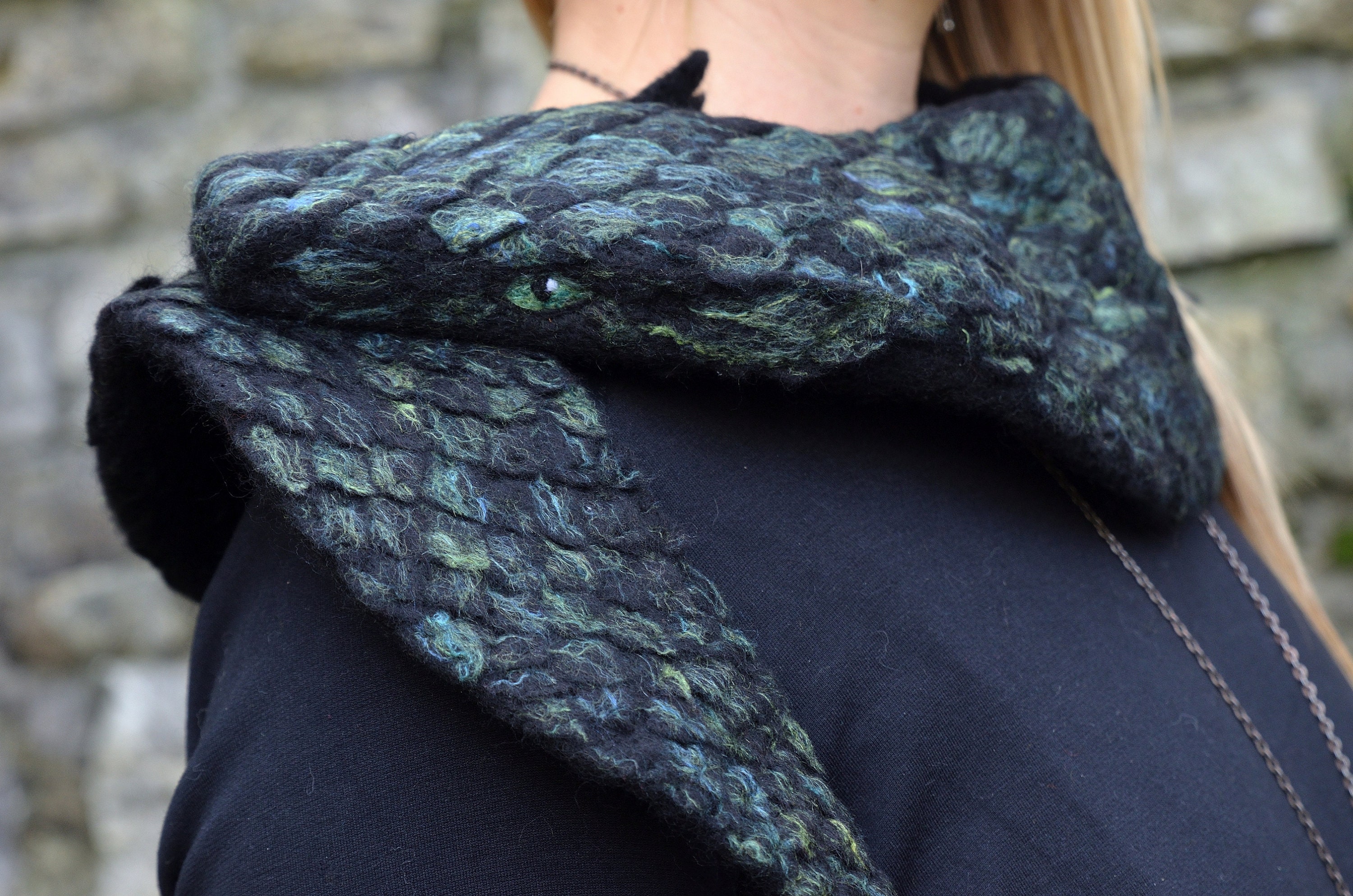Felted Dark Emerald Dragon Scarf/ Wool Stole Shaped Like Winged Dragon ...