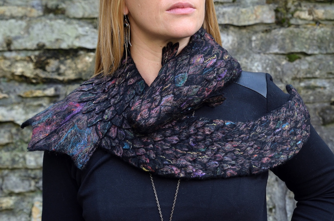 Felted Dark Iridescent Dragon Scarf/ Wool Stole Shaped Like Multi-color ...