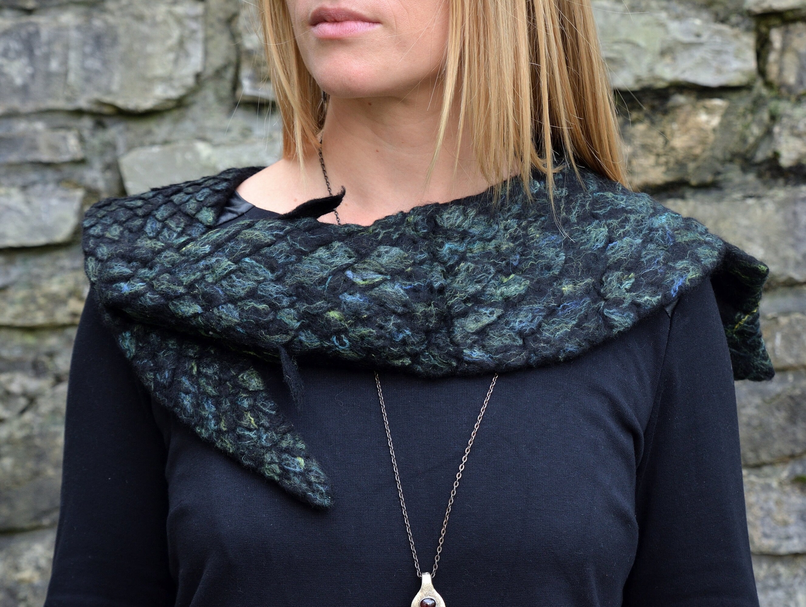 Felted Dark Emerald Dragon Scarf/ Wool Stole Shaped Like Winged Dragon ...