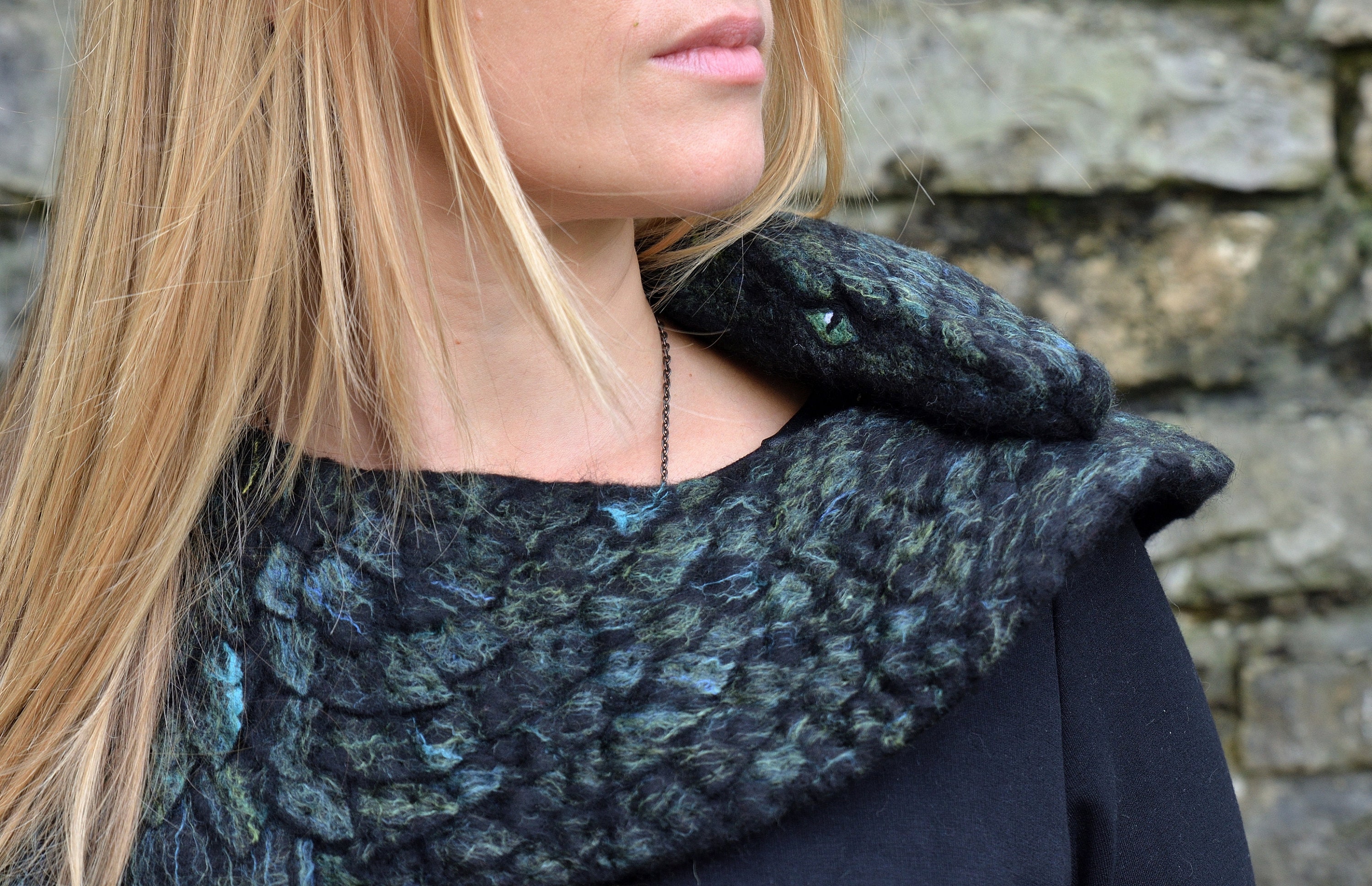 Felted Dark Emerald Dragon Scarf/ Wool Stole Shaped Like Winged Dragon ...