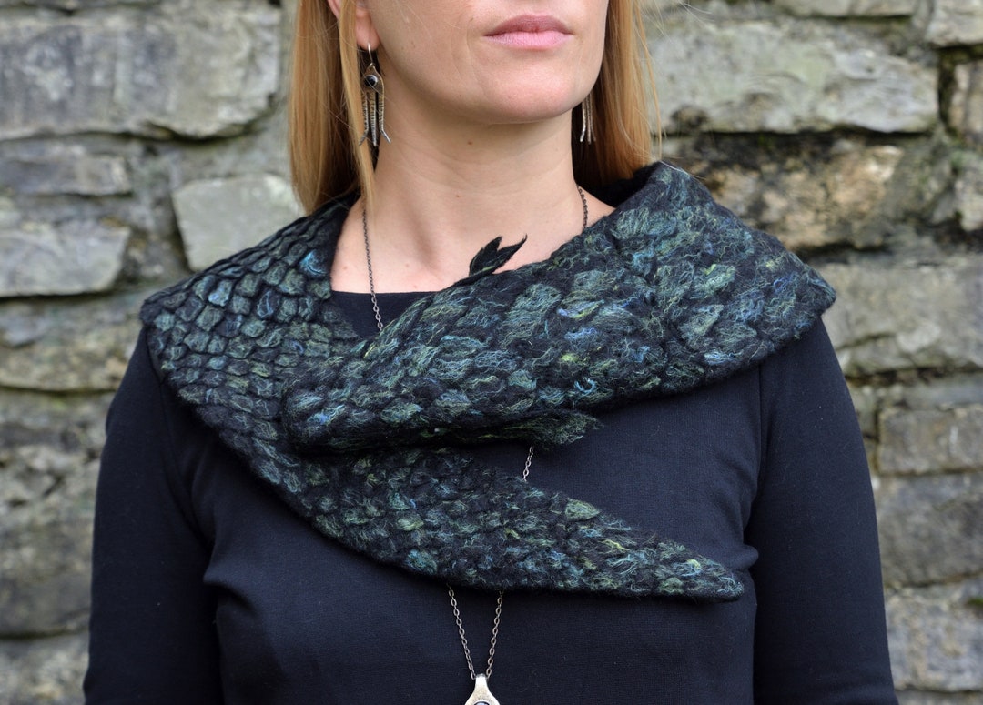 Felted Dark Emerald Dragon Scarf/ Wool Stole Shaped Like Winged Dragon ...