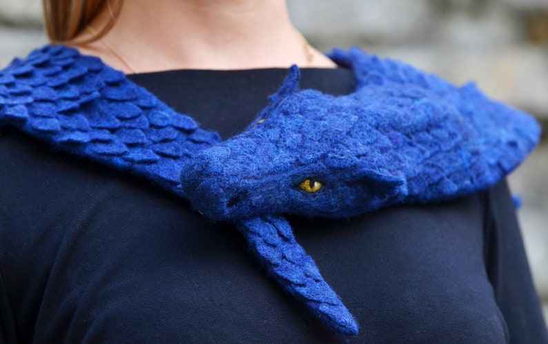 Felted Sapphire Dragon Scarf/ Wool Stole Shaped Like Dragon/ Shrug for ...