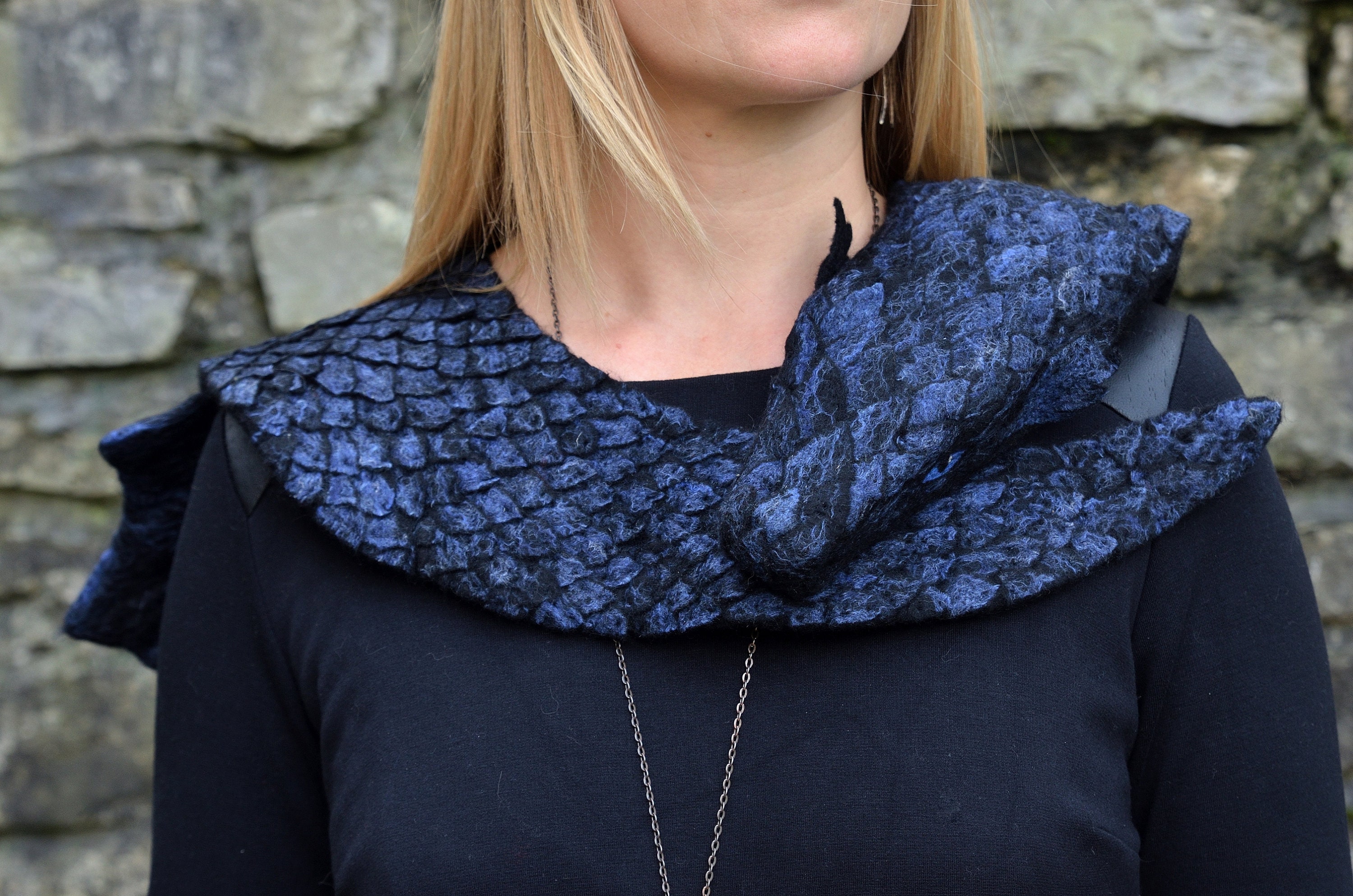 Felted Dark Sapphire Dragon Scarf / Wool Stole Shaped Like Winged ...