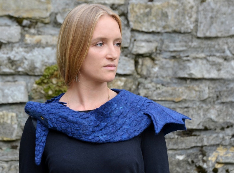 Felted Sapphire Dragon Scarf/ Wool Stole Shaped Like Dragon/ Shrug for ...