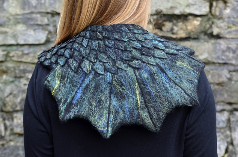 Felted Dark Emerald Dragon Scarf/ Wool Stole Shaped Like Winged Dragon ...