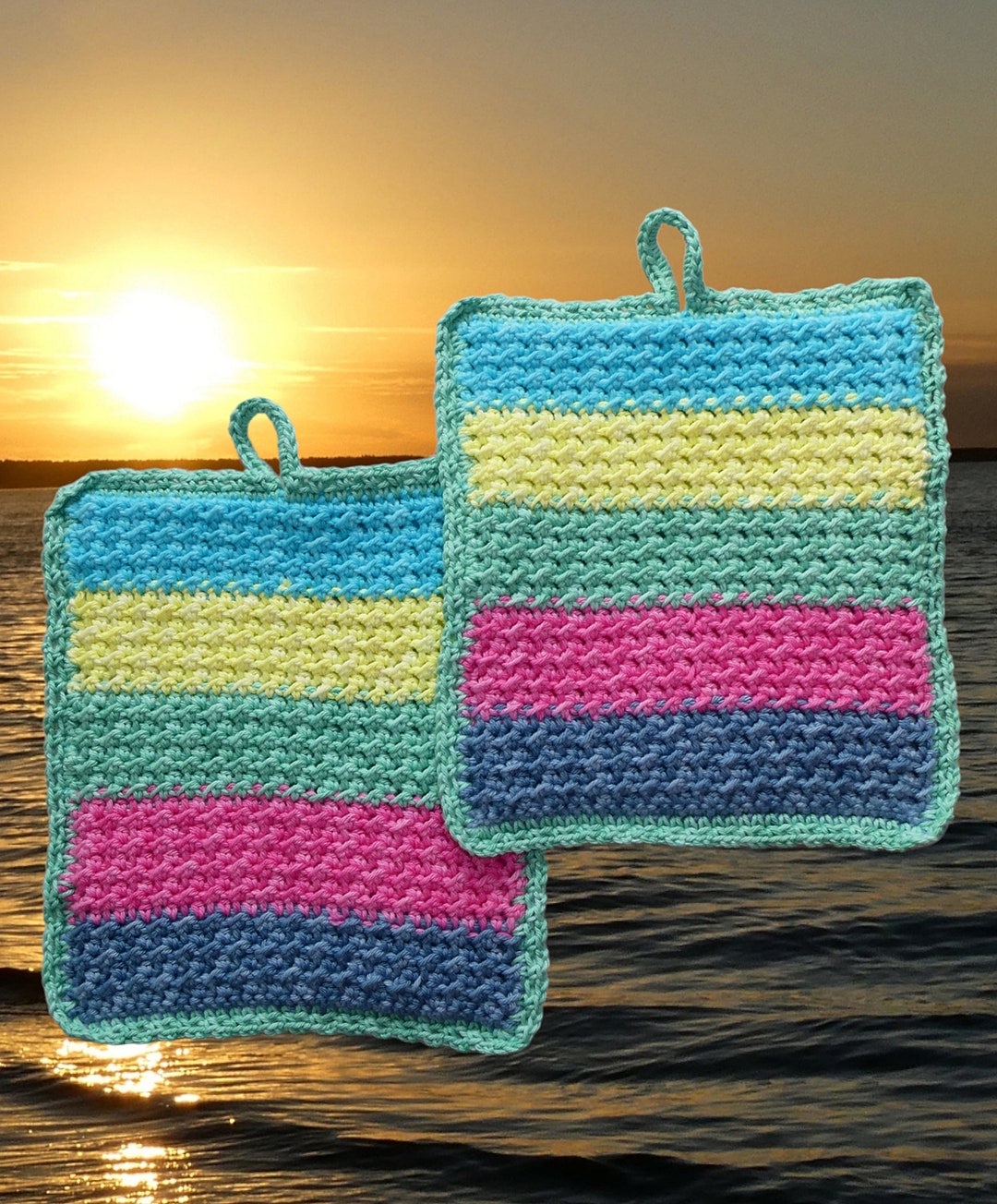 1 PAIR of Pot Holders Crocheted, Crunch Stitch, Striped, Kitchen ...