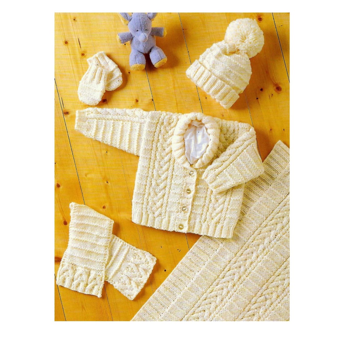 Vintage Knitting Pattern PDF Baby Pram Set Aran Jacket Hat Scarf ...