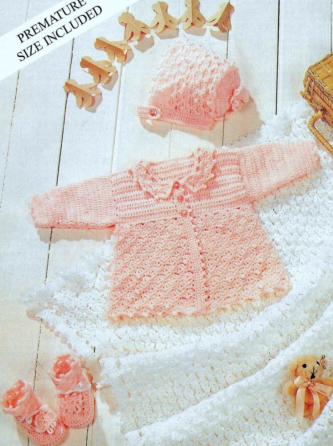 ENGLISH Vintage Crochet Pattern Baby Matinee Set Jacket Bonnet Bootees ...