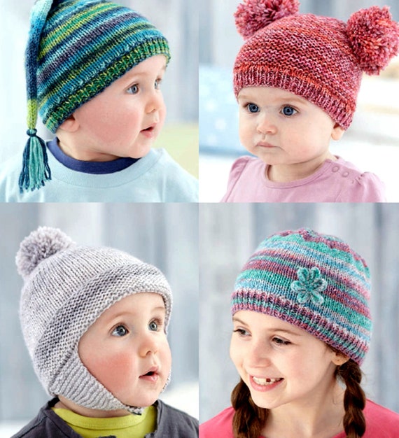 RETIREMENT SALE Vintage Knitting Baby Toddler Boys Girls Hats Helmet Bonnet Beanie PomPom Garter Stitch Flower Newborn 7yrs DK Worsted