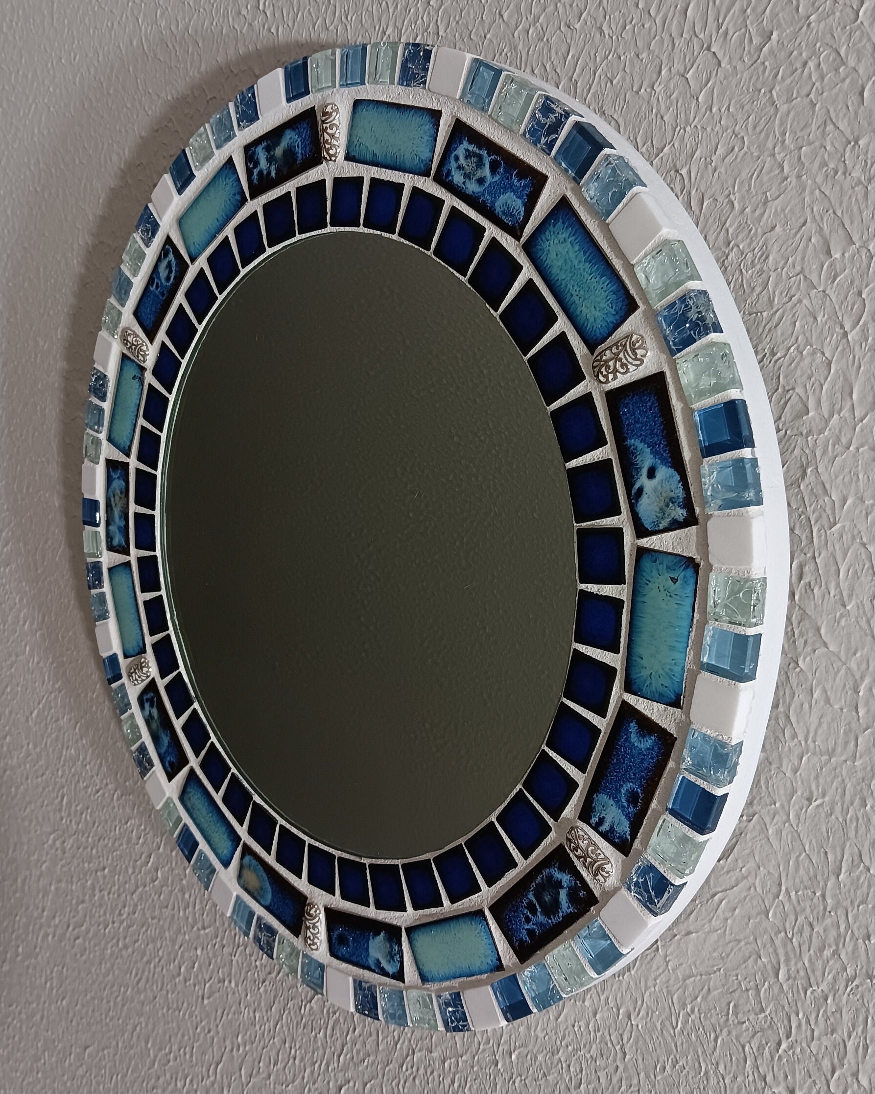 Round Accent Mirror With Tiles in Several Blue Tones With Silver ...