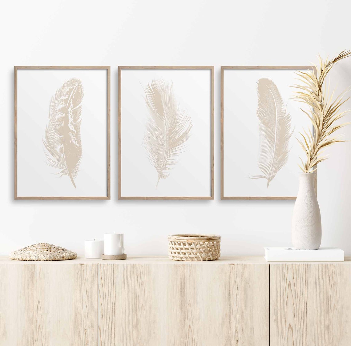 Set of 3 Wall Art Prints Cream Feathers Wall Art Decor - Etsy UK